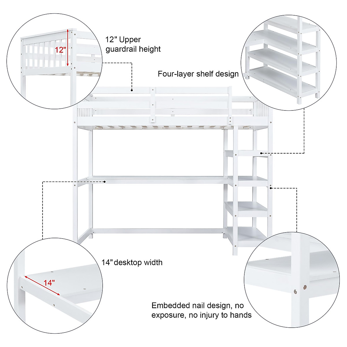 Merax Wood Loft Bed with Desk : Twin Size Loft Bed with 4-Storage Shelves and Under-Bed Desk Solid Wood Bed, White