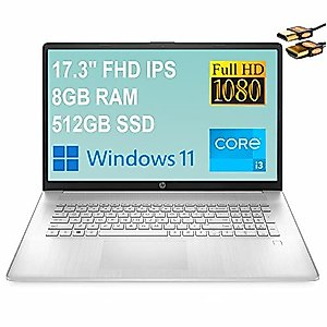HP 17 Flagship Business Laptop 17.3" FHD IPS Anti-Glare Display 11th Gen Intel Quad-Core i3-1125G4 (Beats i5-8250U) 8GB RAM 512GB SSD Intel UHD Graphics USB-C Webcam Win11 Silver + HDMI Cable