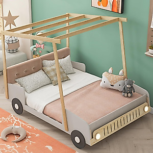 Aiuyesuo Classic Full Size Car-Shaped Platform Bed with Wheels and Ceiling Cloth, Solid Wood Low Bed Frame with Pillow and LED Lights, Cute Floor Bed for Kids Boy Girls