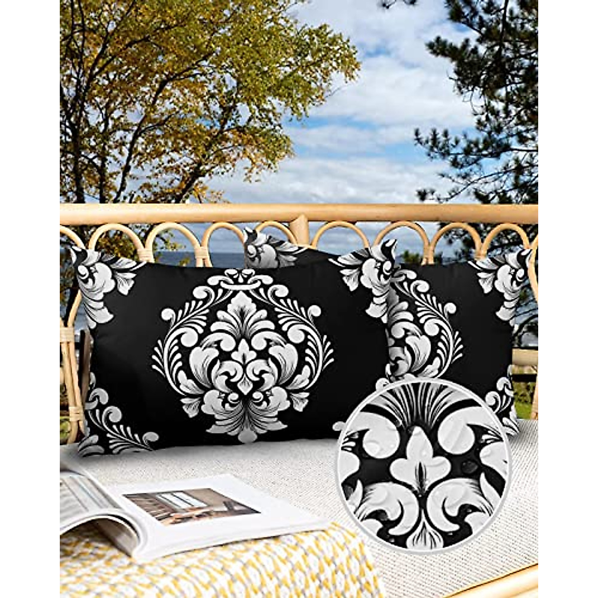 Outdoor Pillow Covers Waterproof, Black Paisley All Weather Cushion Case Set of 2, Luxurious Modern White Abstract Art Aesthetics Lumbar Pillowcase for Sofa Couch Bed Decor Patio Furniture 20"x12"