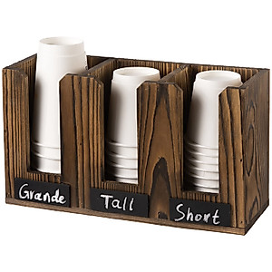 MyGift 3 Slot Deluxe Rustic Burnt Wood Coffee To Go Cup Server Caddy with Chalkboard Labels - Wall Mounted/Countertop Café Bar Drink Station Organizer Rack