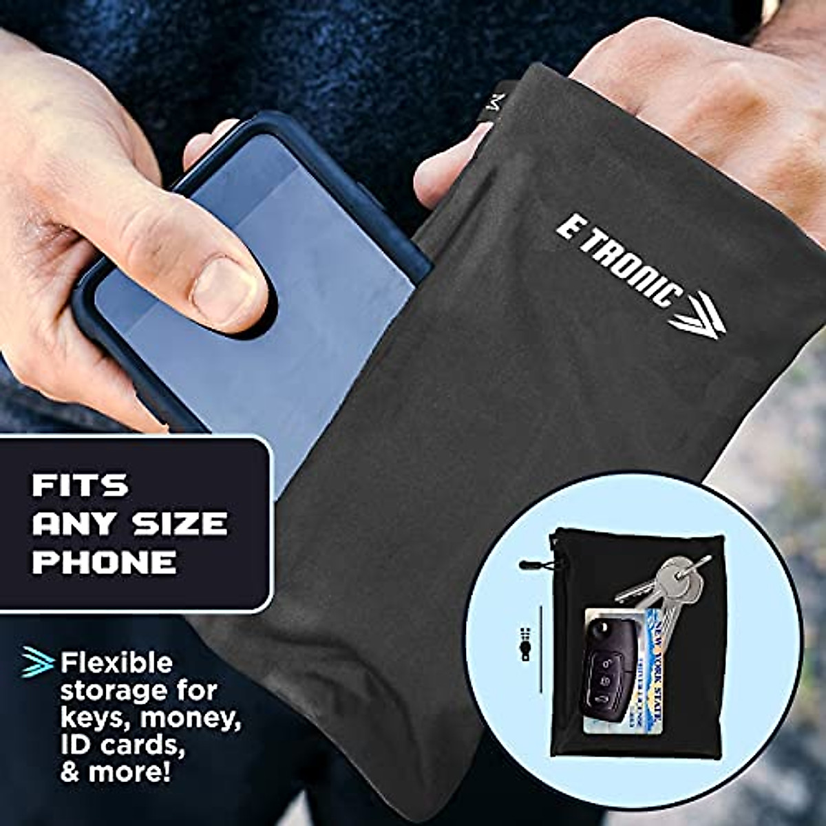 E Tronic Edge Phone Holder for Running, Cell Phone Arm Bands with Reflective Logo, Phone Strap Armband Fits iPhone and Android, Use for Running, Walking, Hiking and Biking, Black, Medium