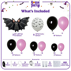 HOUSE OF PARTY Halloween Bat Balloon Garland Kit, 18/12/10/5 inch Black Pink White Balloons Arch with 2 Pcs 40'' Large Bat Foil Balloon, Bat Latex Balloons for Indoor Halloween Party Decorations