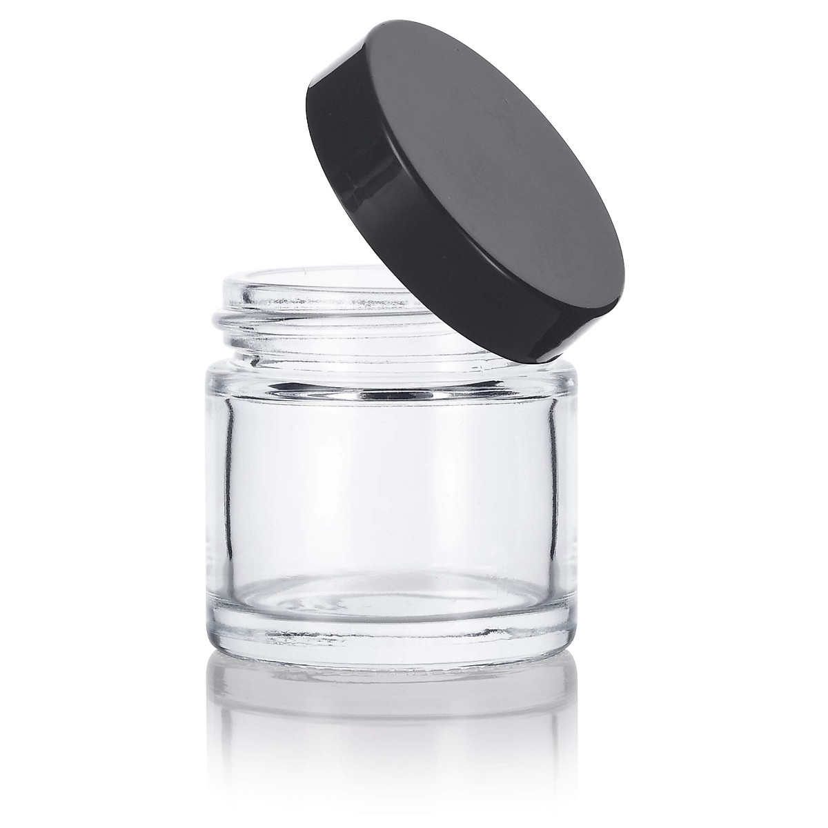 1 oz / 30 ml Clear Thick Wall Glass Straight Sided Jar with Black Smooth Lids (12 Pack) Airtight, Smell Proof