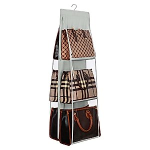 Lirex Medium and Large Handbag Hanging Organizer, 6 Pockets Foldable Hanging Purse Organizer Oxford Cloth Handbag Storage Hanger Universal Fit Closet Organizer for Family Closet Bedroom, Grey