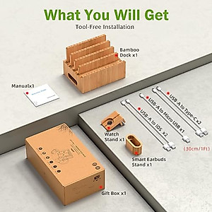 Pezin & Hulin Bamboo Charging Station Organizer for Multiple Devices, Desktop Docking Stations Holder for Cell Phone, Tablet, SmartWatch & Earbuds Stand (Included 5 Cables) (No USB Charger)