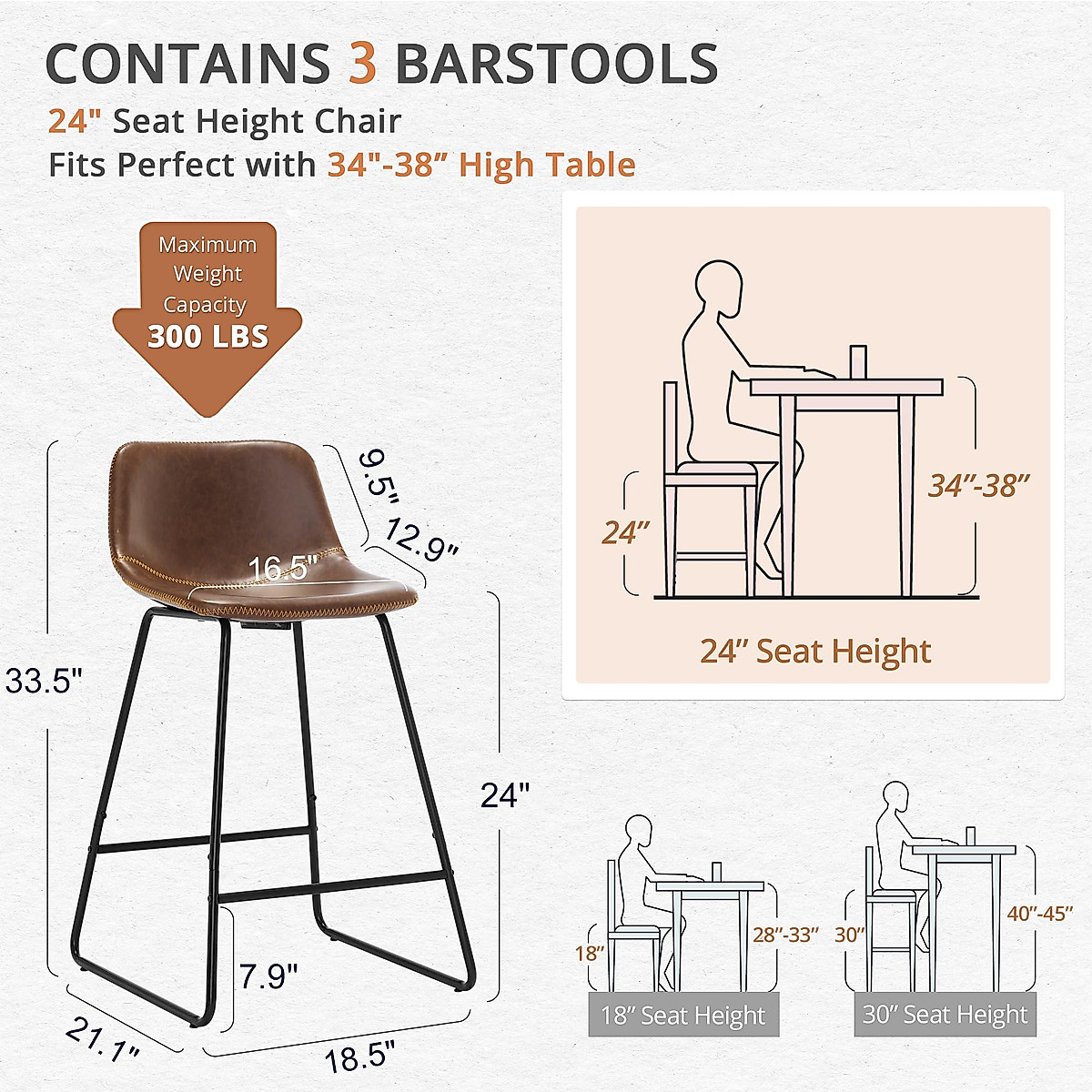 LUE BONA Bar Stools Set of 3, 24" ALX Faux Leather Barstools, Modern Counter Height Stools with Back and Metal Legs, Armless Counter Chairs for Kitchen Island, Brown