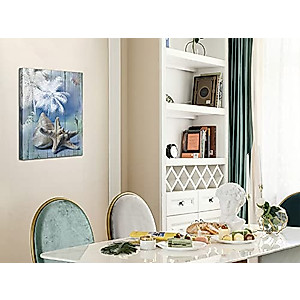 Bathroom Blue Ocean Picture Nursery Canvas Wall Art Palm Tree Coastal Conch Seashell Painting Starfish Modern Artwork Framed for Bedroom Living Room Home Office Wall Decor 12"x16"