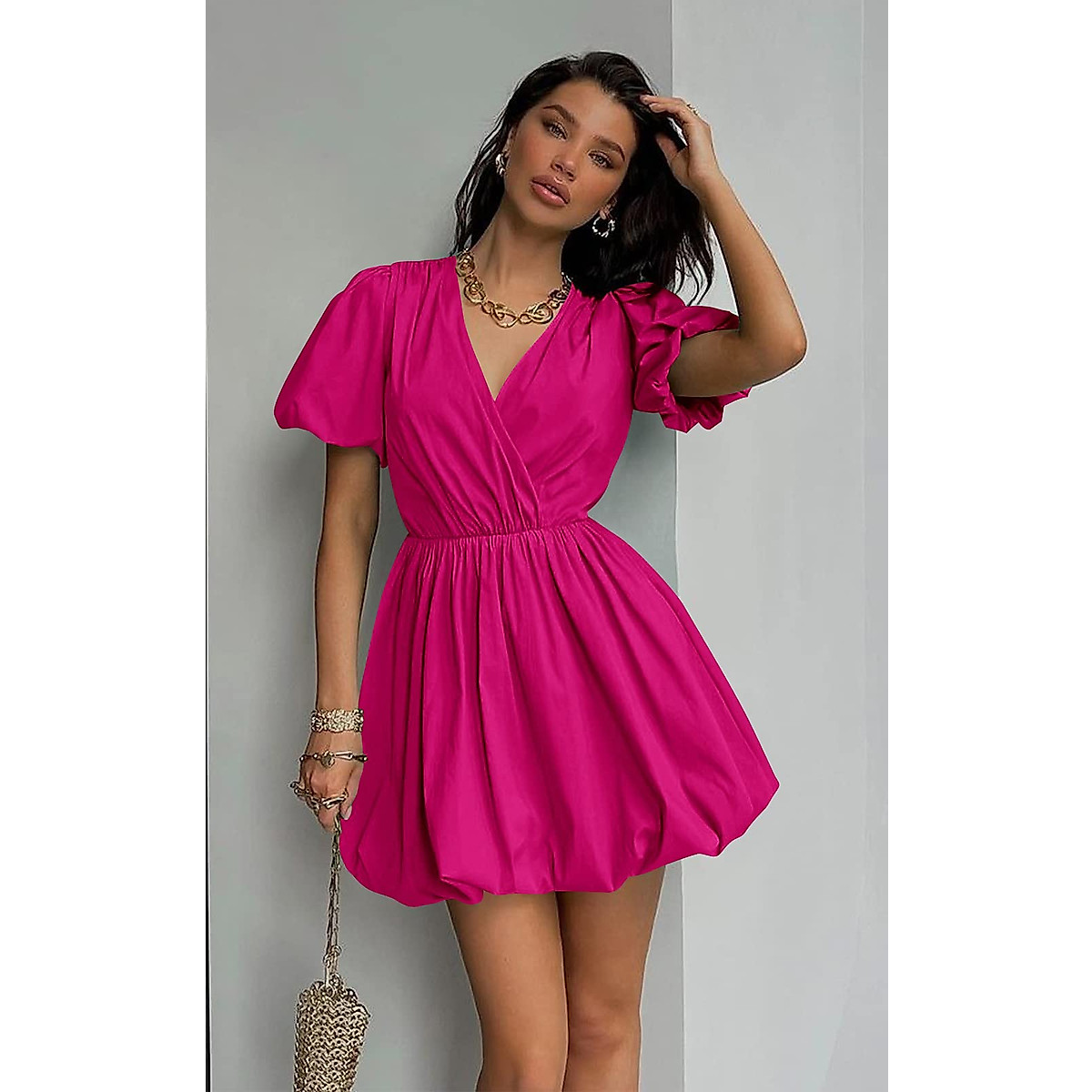 PRETTYGARDEN Women's Summer Puff Sleeve Short Mini Dress Flowy Ruffle V Neck A Line Wrap Dresses (Rose Red,Medium)