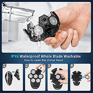 Head Shavers for Bald Men, Lighwode Waterproof 7D Blad Head Shaver Wet/Dry Anti-Pinch 5 in 1 Cordless LED Electric Razor Grooming Kit with Hair Clippers Beard Trimmer Nose Trimmer Cleansing Brush