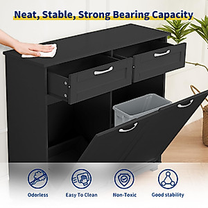 Tilt Out Trash Cabinet 10 Gallon, Trash Can Cabinet with 2 Drawers, Double Freestanding Trash Cabinet, Recycling Cabinet for Laundry, Kitchen, Living Room, Bathroom, Bedroom (Black)