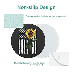 Sunflower American Flag Glass Cutting Board Round Kitchen Decorative Chopping Blocks Mats Food Tray for Men Women