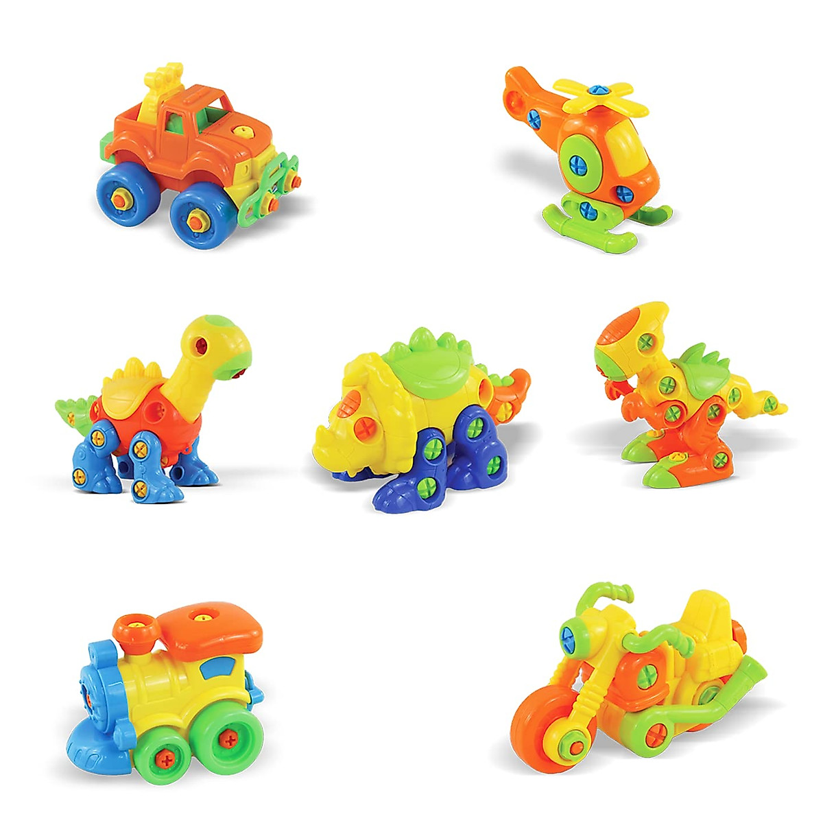 Kidtastic Set of 7 Take Apart Toys - Dinosaur, Helicopter, Train, Truck, Motorcycle - STEM Building Kit for Boys, Girls, Toddlers - Age 3, 4, 5 Years Old - Educational Gift Build and Play
