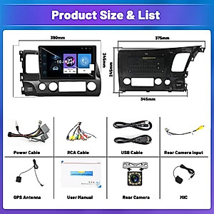 Hikity Android Car Stereo for 2006-2011 Honda Civic Radio, 10.1 Inch Touch Screen Car Stereo with Bluetooth GPS Navigation WiFi FM USB Mirror Link Steering Wheel Control + Backup Camera + Microphone