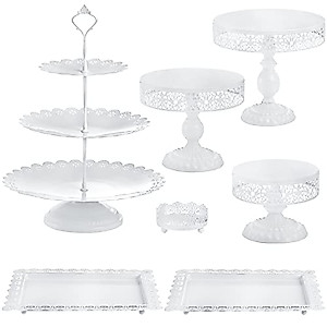 Lyellfe Set of 7 White Cake Stand, Decorative Dessert Display Set, Metal Cake Stand Set for Dessert Table, Birthday Party, Wedding, Afternoon Tea, Festival