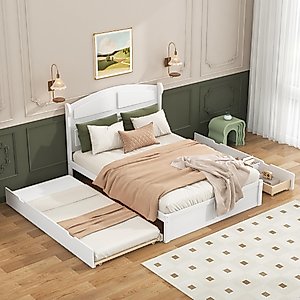 FANYHOME Queen Bed with Twin Size Trundle and 2 Drawers, Wood Queen Size Platform Bed Frame with Headboard, Trundle Bed with Storage for Girls Boys Teens Adults, White