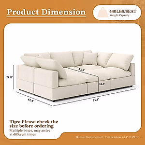 Intuition Decor Cloud Modular Sectional Sofa,Linen Sleeper Sofa Bed,95.4 "Down Filled 6 Seat Comfort Couches Sofa Cover Washable and Replaceable Couches for Living Room,Beige