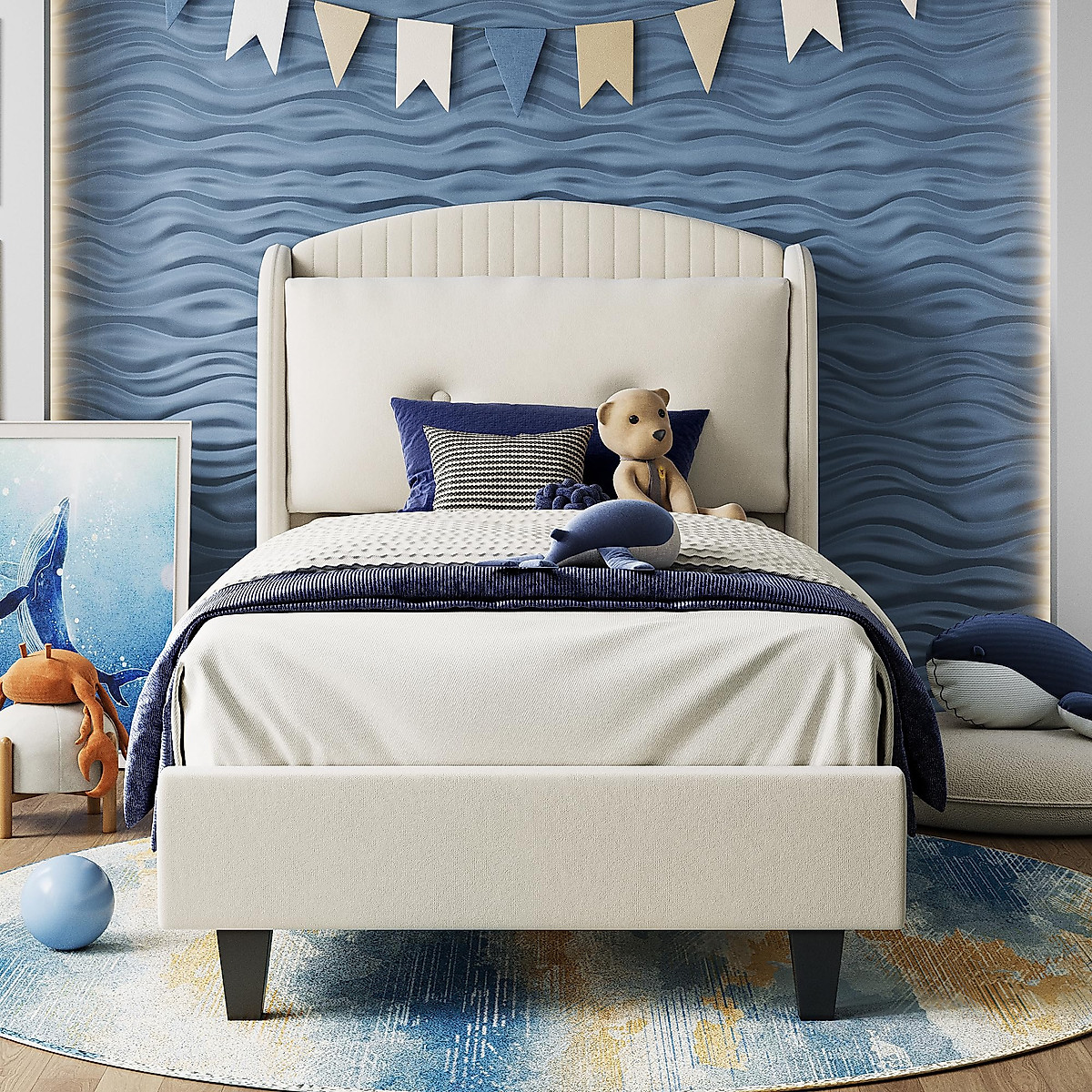 LIKIMIO Twin Size Bed Frame, Velvet Upholstered Twin Bed with Fabric Headboard Modern Wingback Bed Sofa-Style Cushions, No Box Spring Needed, Easy to Assemble, White