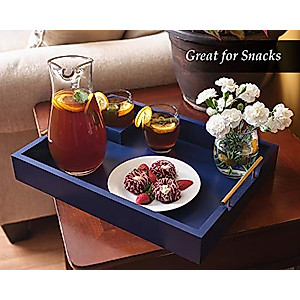 Deluxe Ottoman Tray- Wooden Serving Tray with Handles and Incorporated Cup Holder- Mid Century Modern Décor- Dark Navy Blue Tray 18"x14"x.3