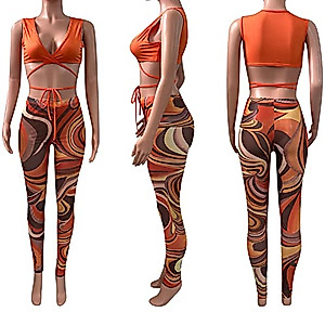 Uni Clau Women Sexy See Through Two Piece Jumpsuits Tie Dye Short Sleeve Bandage Crop Tops Sheer Mesh Skinny Long Pants Club Romper Outfits Orange XL