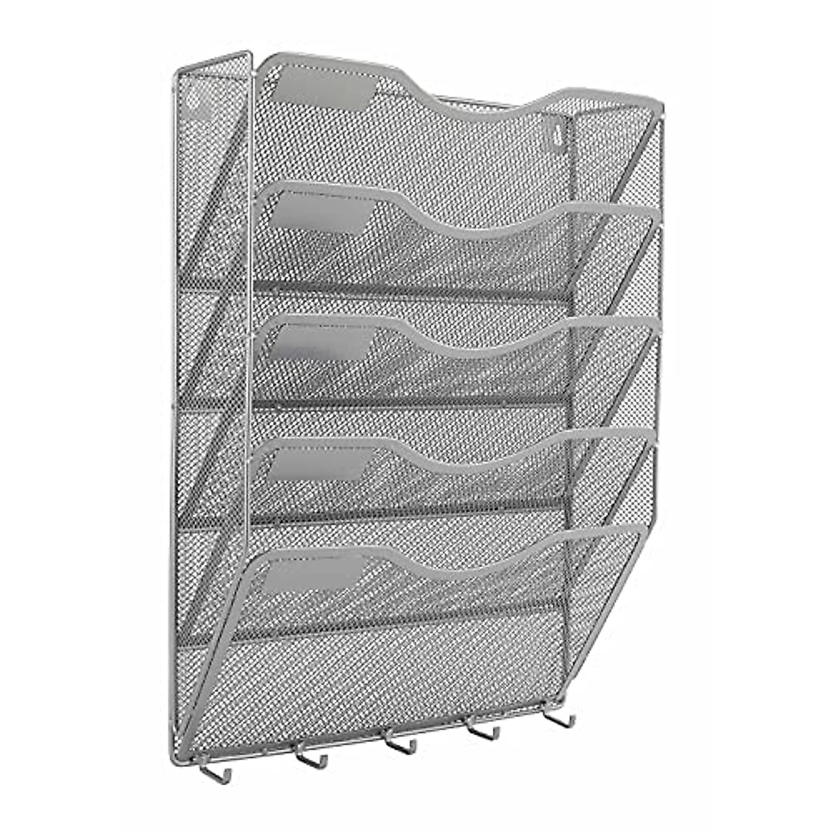 EasyPAG Wall Mount File Organizer with Key Hooks 5 Pocket Vertical Mesh Hanging Wall File Holder Magzine Paper Folders Rack for Office and Home,Silver