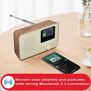 LEMEGA IR1 Portable WiFi Internet Radio,FM Digital Radio,Bluetooth Speaker,Dual Alarms Clock,Sleep Snooze Timer,40 Presets, Headphone-Output,Colour Display,Batteries or Mains Powered – Walnut Finish