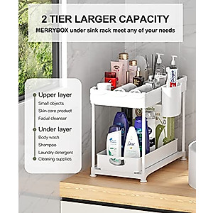 MERRYBOX 2 Pack Under Sink Organizers and Storage, Sliding Under Bathroom Cabinet Organizer, 2 Tier Kitchen Under Sink Organizer Pull Out Drawer with 8 Hooks, 2 Hanging Cups, 8 Non-Slip Feet, White