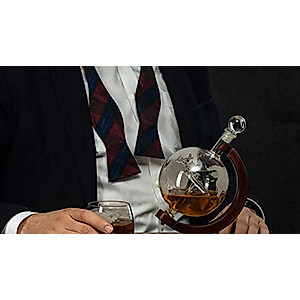 Etched World Decanter Whiskey Globe - Antique Airplane The Wine Savant 850ml, Whiskey Stones and 2 World Map 10 oz Glasses, Pilot Gift