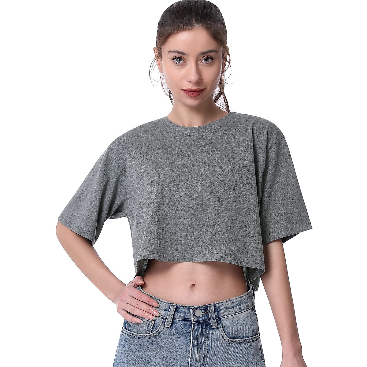 Cosy Pyro 4-Pack Women's Cotton Crop T-Shirts Short Sleeve Solid Cropped Athletic Top Round Neck Casual Workout Yoga Tees Black/Gray/White/Army M