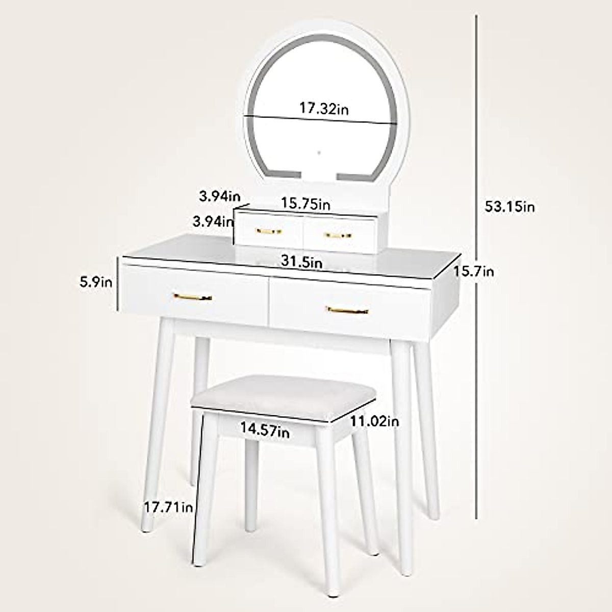 SMOOL Vanity Desk with Lighted Mirror - Vanity Table Makeup Vanity with Lights, 3 Color Lighting Modes Adjustable Brightness, 4 Drawers Makeup Table with Soft Cushioned Stool for Bedroom Studio, White