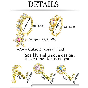 Tornito 16Pcs Dangle Hoop Nose Ring L Shape Nose Stud CZ Butterfly Flower Leaf Dangle Heart Moon Crown Nose Ring Nostril Piercing Jewelry for Women Gold Tone 20G