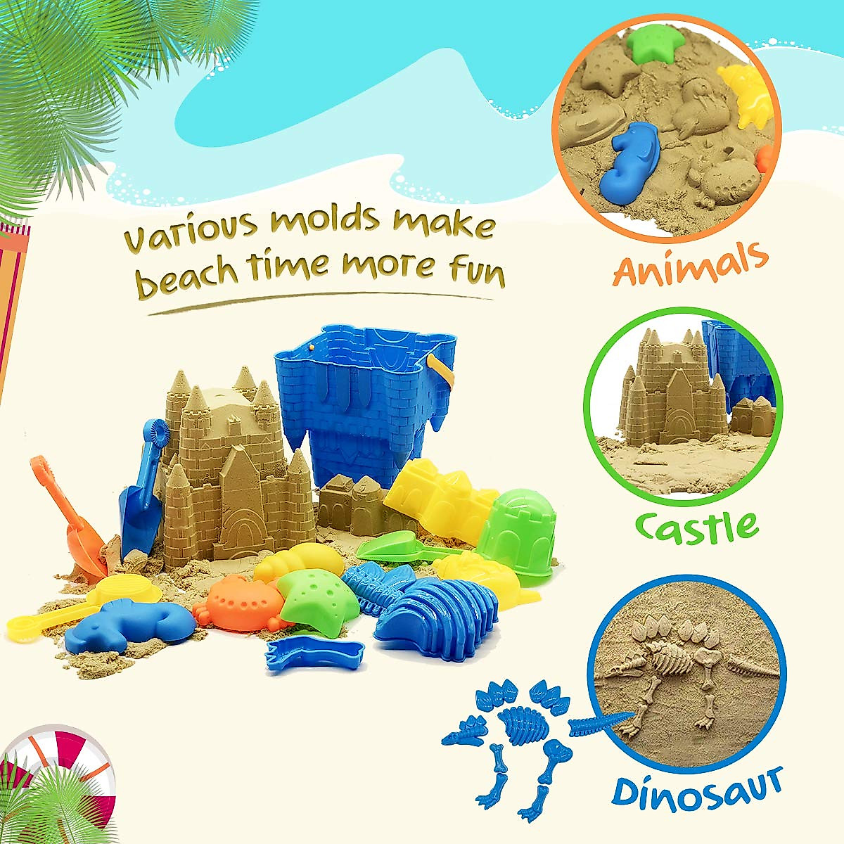 Beach Sand Toys for Kids, 27 pcs Beach Toys Castle Molds Sand Molds, Beach Bucket, Beach Shovel Tool Kit, Sandbox Toys for Toddlers, Beach Accessories Outdoor Indoor Play Gift 1 Bonus Mesh Bag