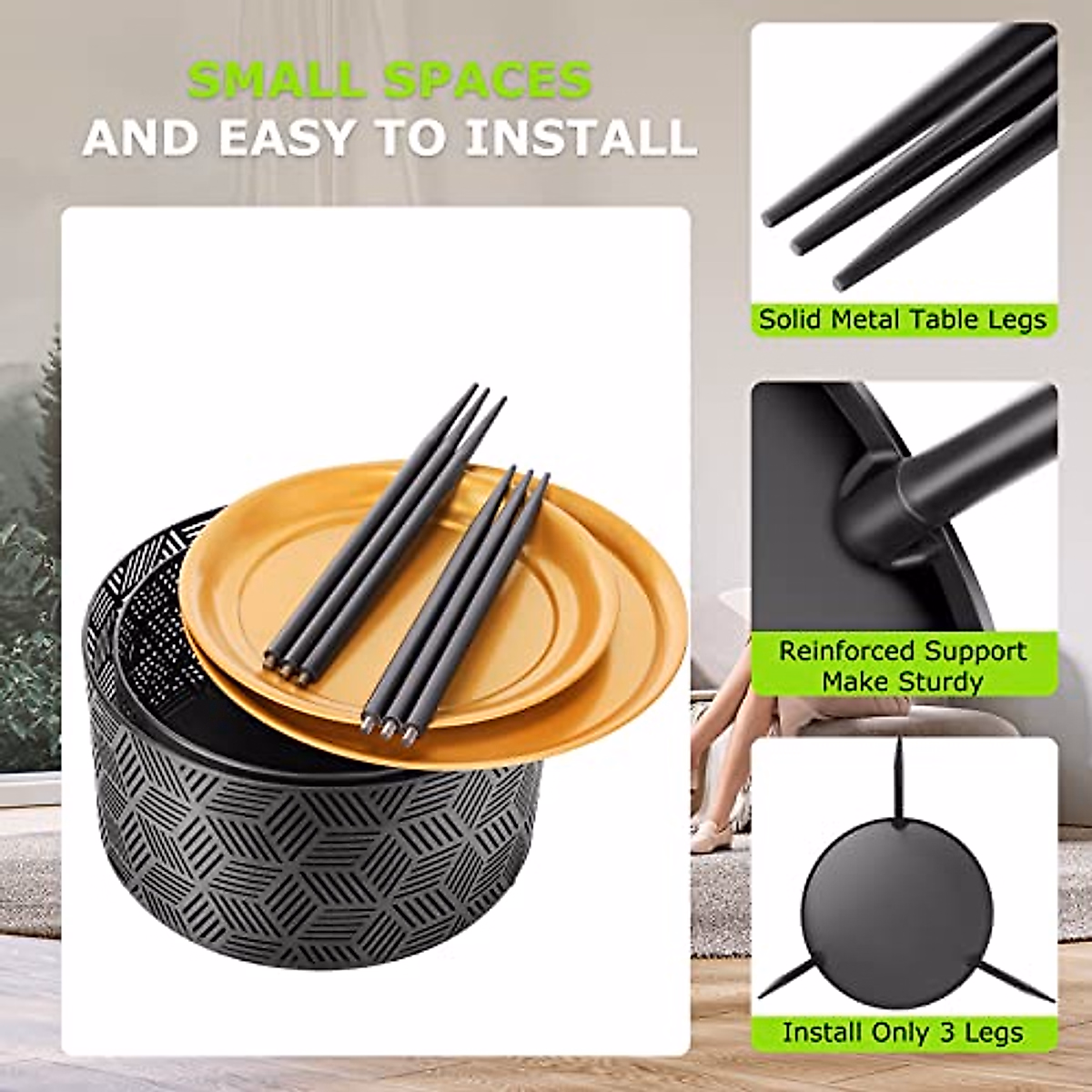 JEROAL Round Side Table Set of 2, End Table with Durable Iron Legs Support, Small Side Accent Table with Storage for Living Room Bedroom Outdoor and Small Space, Easy Assembly.