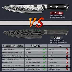 SHAN ZU Damascus Knife Set 3 PCS, Japanese Super Steel Damascus Kitchen Knife Set, High Carbon Professional Ultra-Sharp Chef Knife Set with G10 Handle, Gift Box