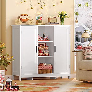 Iwell Storage Cabinet with 2 Doors and 4 Storage Shelves, Credenza Buffet Cabinet, Bathroom Cabinet for Living Room, Entryway, Home Office, White