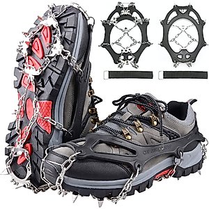 Piscorush 24 Spikes Crampons Ice Cleats Traction Snow Grips Boot Chains Women Men Kids for Hiking Shoes and Boots Steel Anti Slip Hiking Fishing Walking Mountaineering (Black, Large)