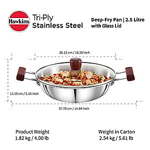 HAWKINS Triply 3 mm Stainless Steel Deep Fry Pan 2.5 LTR with Lid, Silver (SSD25G), Standard