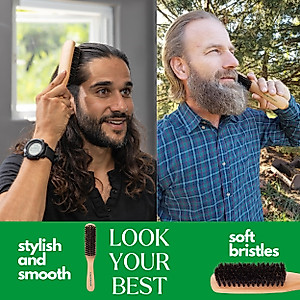 GranNaturals Boar Bristle Slick Back Hair Brush - Soft/Medium Smoothing Hairbrush to Style, Polish, & Lay Hair Down Flat to Create a Sleek Frizz Free Hairstyle for Women and Men - Wooden Handle