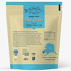 Simply Wild Cod Skins Alaskan Cod Fish Training Treats for Dogs-Dehydrated Fish, All Natural Human Grade Skins - Low Fat Treat Sustainably Sourced in USA (6.6 Oz)