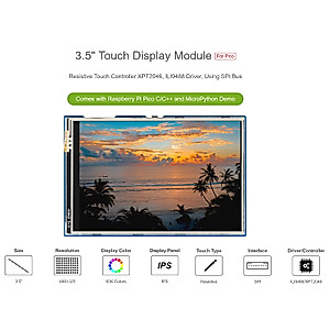 waveshare for Raspberry Pi Pico LCD 3.5inch Touch Display Module 480×320 Resolution 65K Colors Display IPS Screen,Resistive Touch Controller XPT2046, ILI9488 Driver, Using SPI Bus