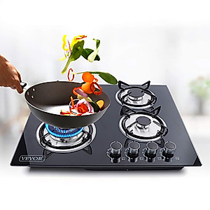 23.3 inches Built in Gas Cooktop 4 Burners Gas Stove Glass Cooktop Tempered Gas Hob With Liquid Propane Conversion Kit Stove Burner Cast Iron Grate Stove-Top LPG/NG Dual Fuel Thermocouple Protection