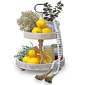 Farmhouse Tiered Tray with Beads Home Decor, Round 2 Tier Tray Cupcake Server, Kitchen Tiered Tray Decor Set, Wooden Two Tier Tray with Beads Coffee Table, White 2 Tiered Tray Farmhouse Display Stand