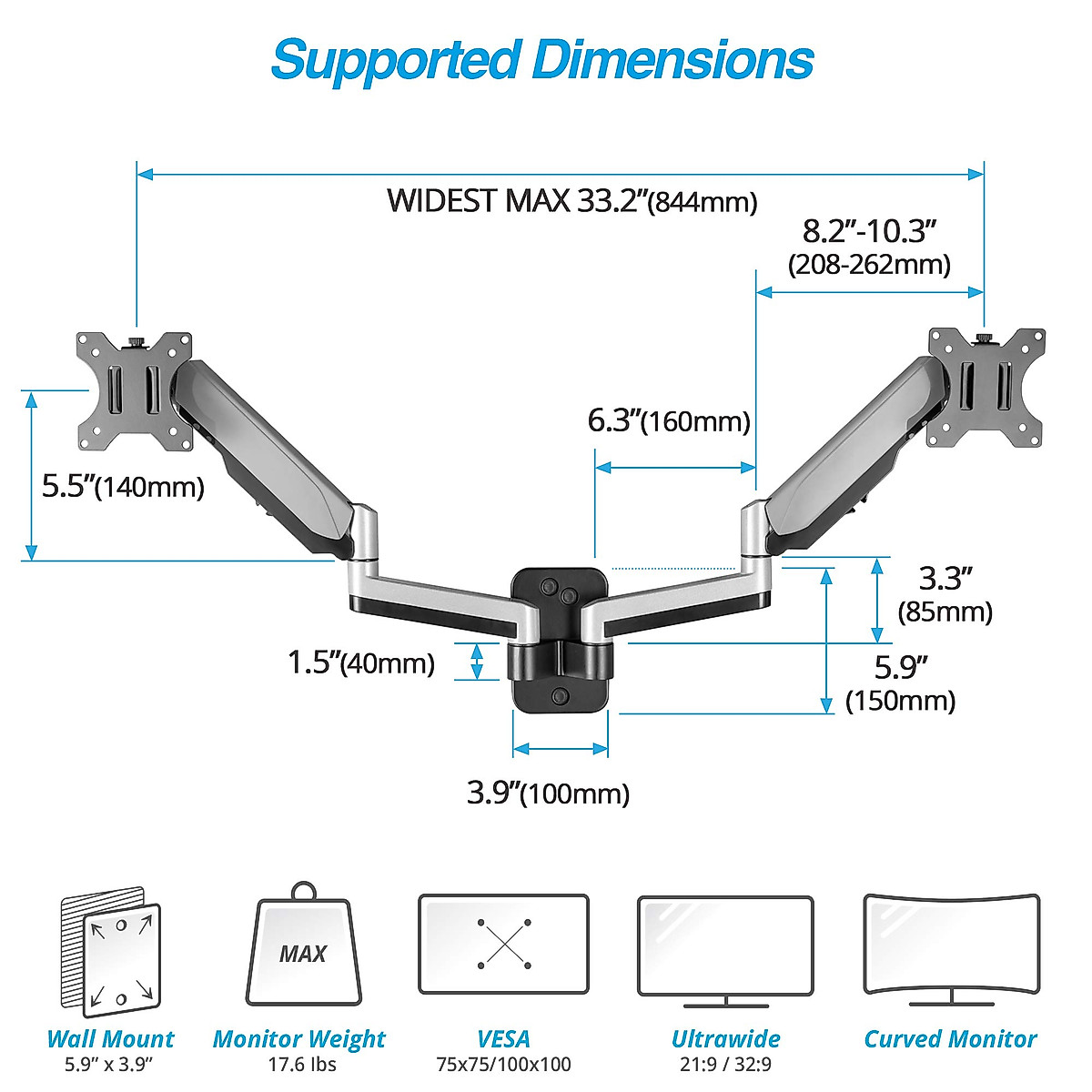 AVLT Dual Extended 13"-32" Monitor Wall Mount fits Two Flat/Curved Computer Monitor Full Motion Height Swivel Tilt Rotation Adjustable Monitor Arm - VESA/Cable Management