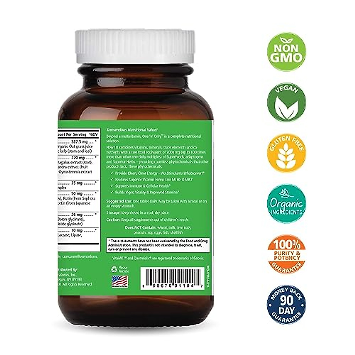 One n Only Whole Food Multivitamin by Pure Essence - Super Energetic Once a Day with Superfoods, Minerals, Enzymes, Vitamin D, D3, B12, Biotin - 60 Tablets