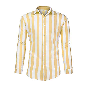 Men Casual Striped Button Down Shirts Long Sleeve Slim Fit Beach Shirt Fall Regular Fit Business Dress Shirt Top (Yellow,X-Large)