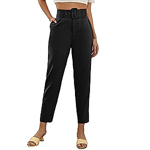 MakeMeChic Women's Casual High Waisted Belted Tapered Pants with Pockets Black M