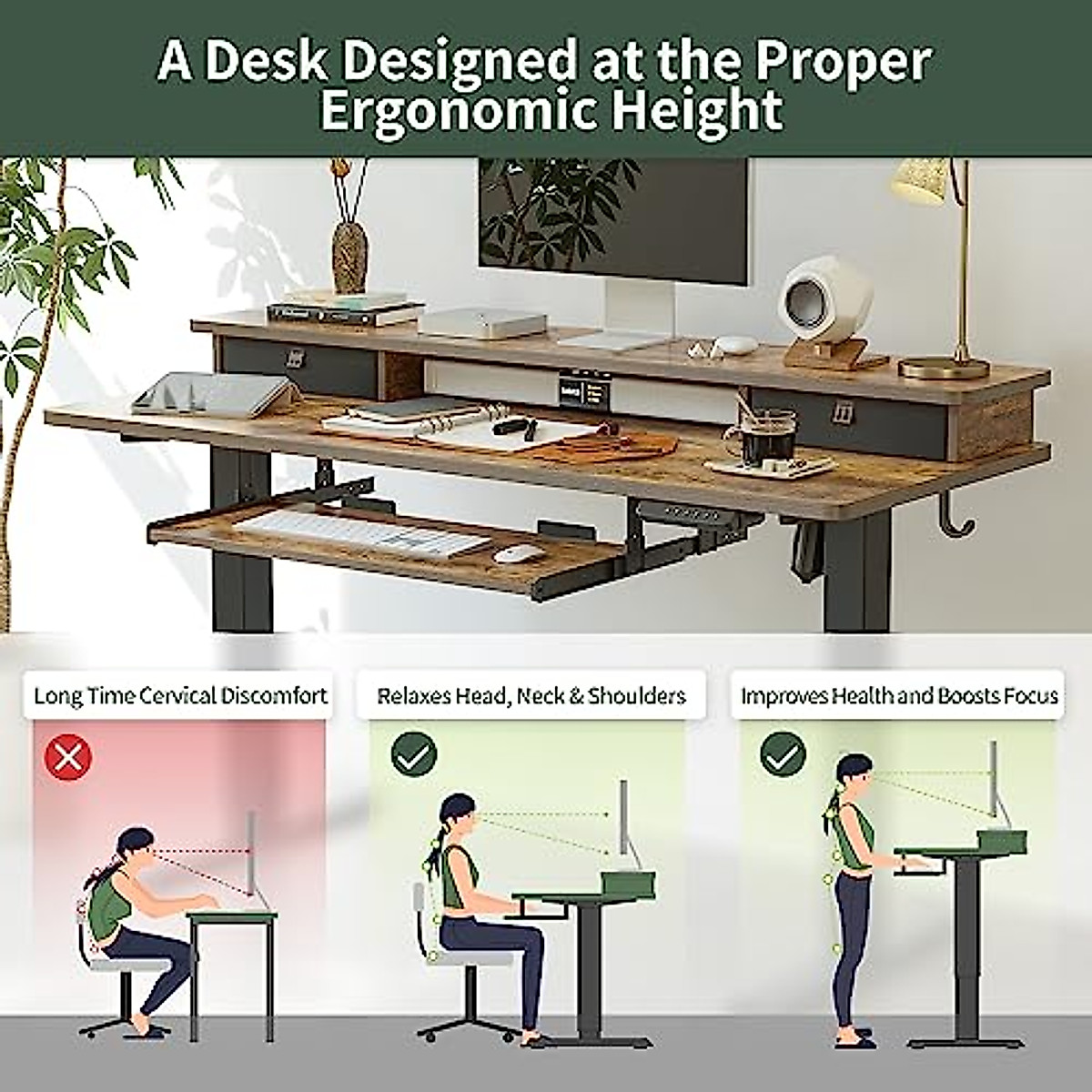 FEZIBO Standing Desk with Drawers, Adjustable Height Desk with Keyboard Tray, Stand Up Desk with Storage Shelf, 48 x 24 Inchs, Rustic Top
