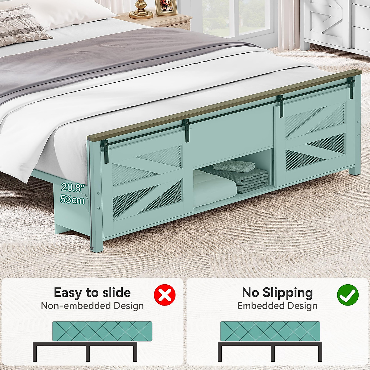 YITAHOME Queen Size Farmhouse Bed Frame with Sliding Barn Door Storage Cabinets, Platform Bed Frame with 47.2" Headboard, Solid Metal Slats Support, Noiseless, No Box Spring Needed, White