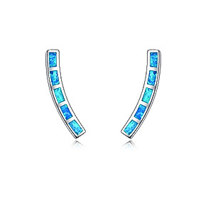 WINNICACA Ear Crawler Climber Earrings Sterling Silver Created Blue Fire Opal Slender Small Bar Stud Earrings Gifts for Women