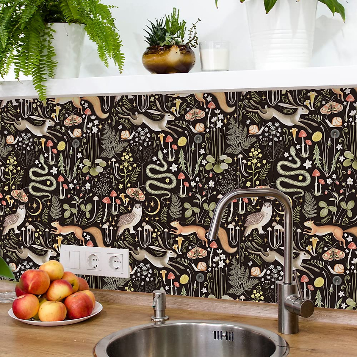 MAGAFA Peel and Stick Wallpaper - Fairytale Forest Moon and Stars - Owls, Snakes - Green, Red, Yellow, Brown, White - Matte - Waterproof - Reusable - 17.71" x 118.1" - Wall Art